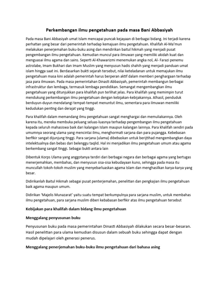 Perkembangan Ilmu Pengetahuan Pada Masa Bani Abbasiyah | PDF