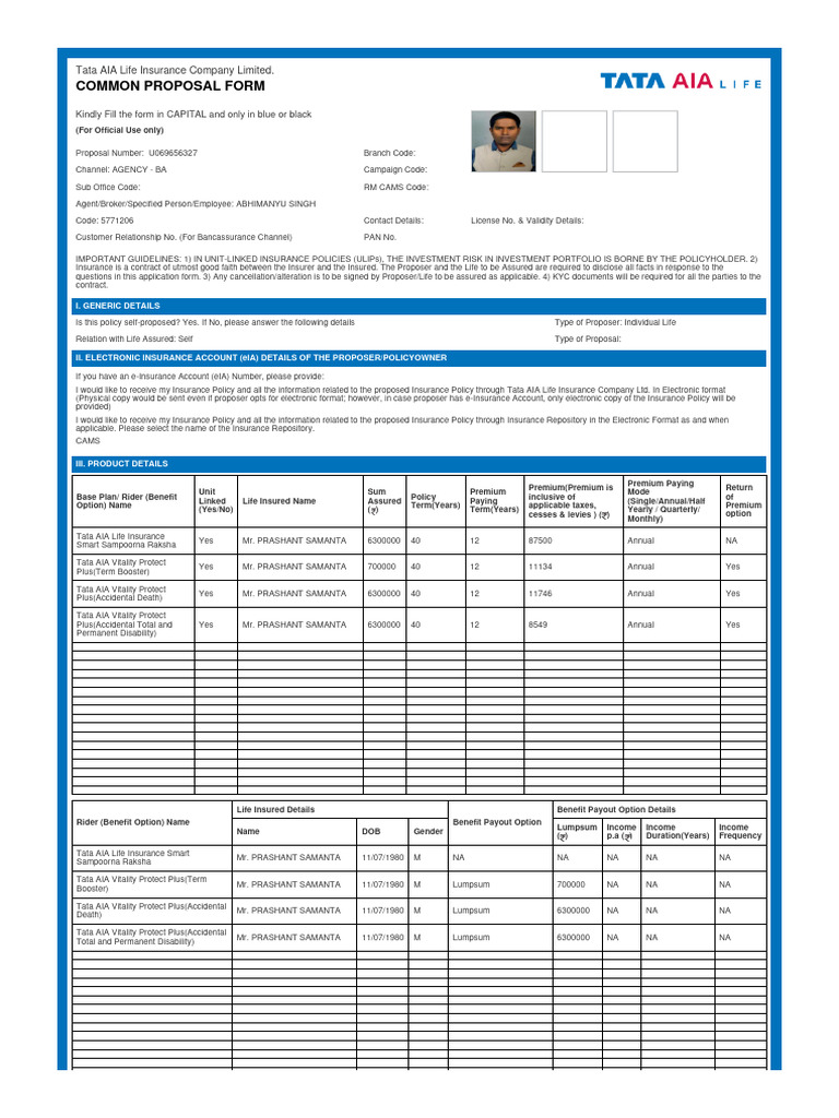 Common Proposal Form: Tata AIA Life Insurance Company Limited | PDF