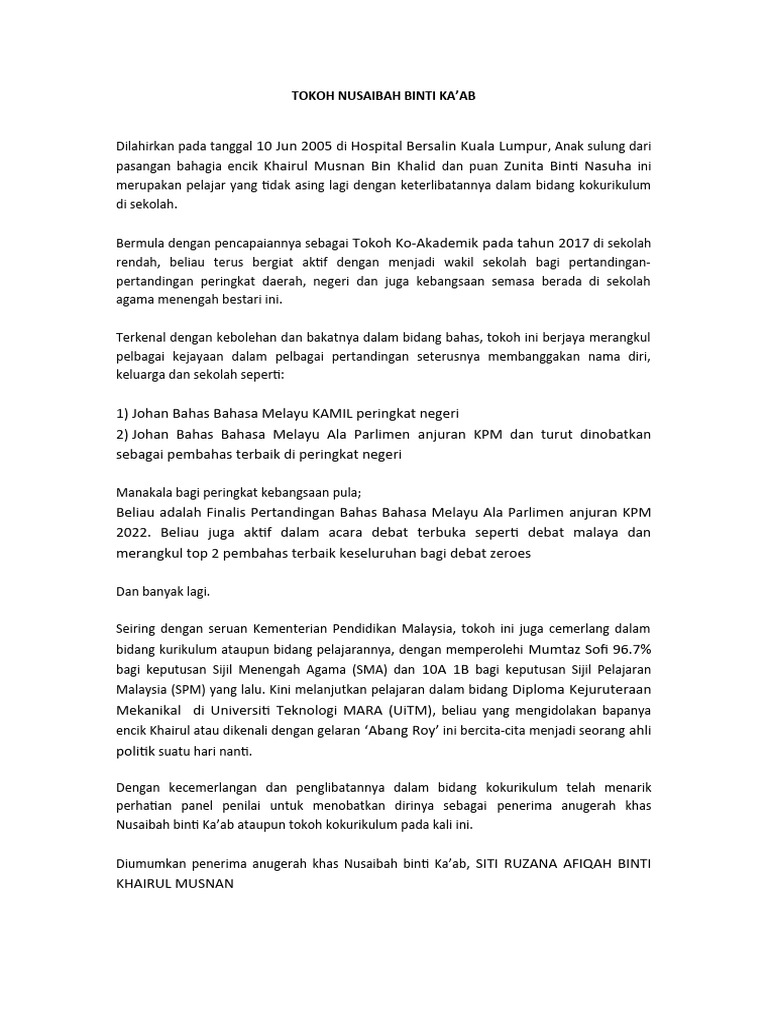 CONTOH TEKS BIODATA TOKOH PELAJAR PEREMPUAN | PDF