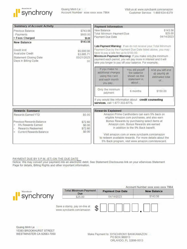 Synchrony Bank Billing Statement - Mar-Apr 2023 | Download Free PDF | Credit Card | Payments