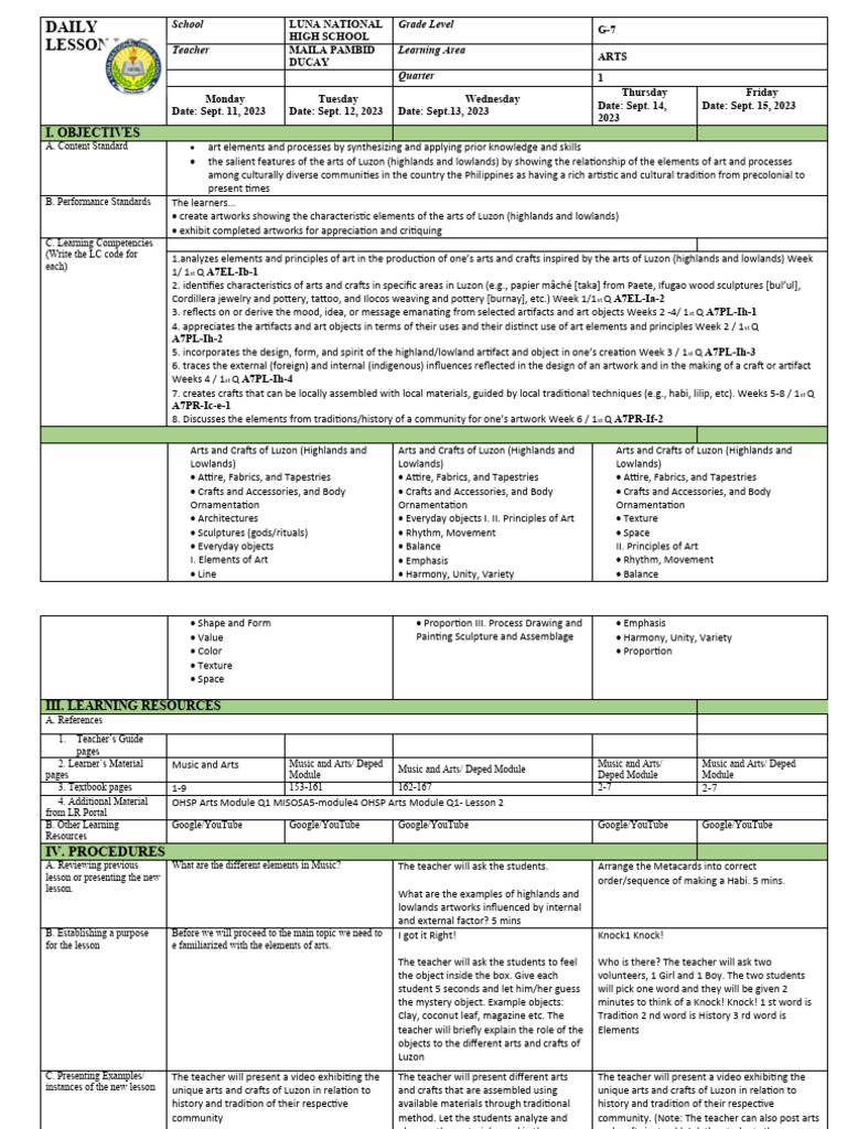 q1 w3 Daily Lesson Log Template Arts | Download Free PDF | Traditions