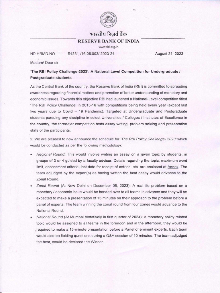 The RBI Policy Challenge-2023 - A National Level Competition For ...