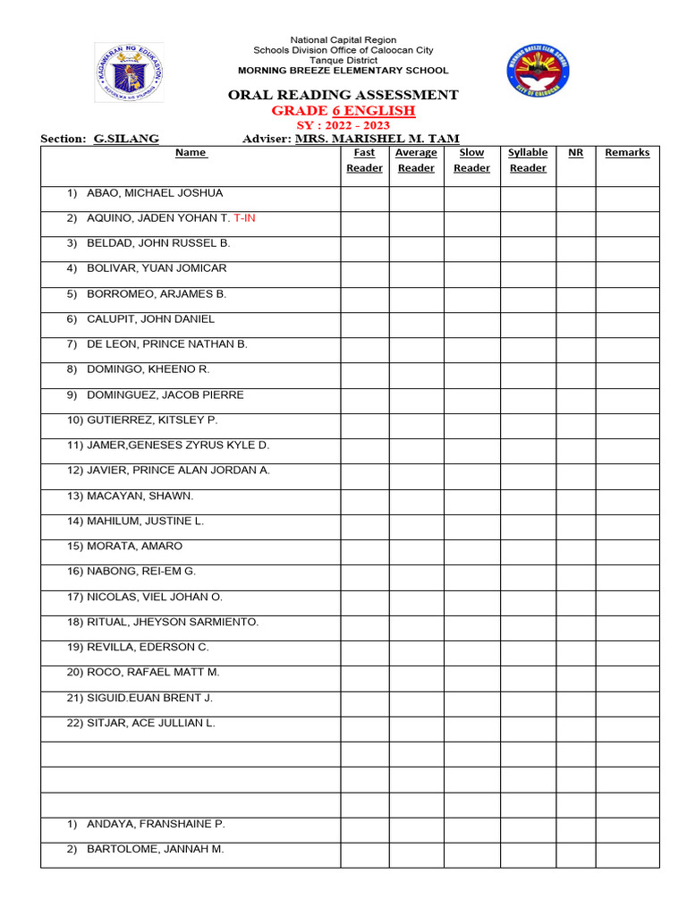 ORAL Reading Assement-Template | PDF