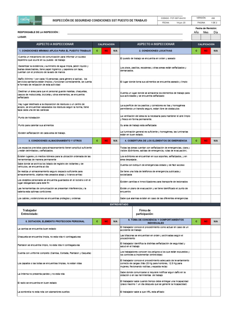Fot-Sst-04-010 Inspeccion SST Puesto Trabajo | PDF