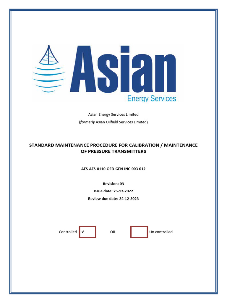 SMP For Pressure Transmitters | PDF | Calibration | Waste