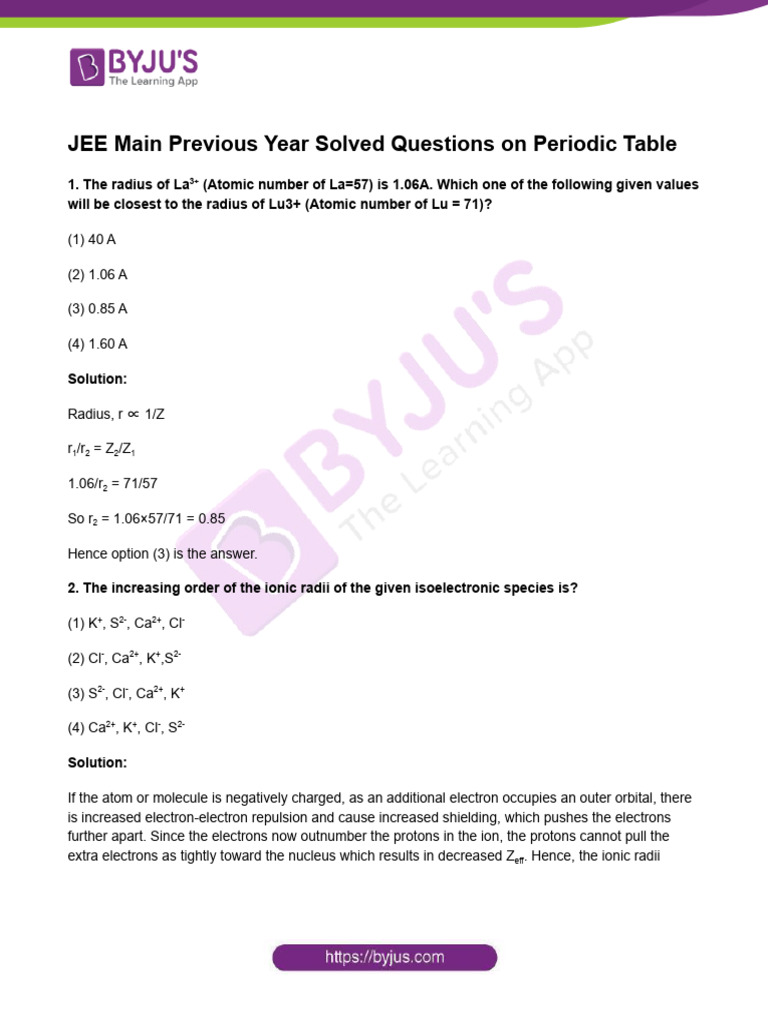 JEE Main Previous Year Solved Questions On Periodic Table | PDF JEE Main Previous Year Solved Questions On Periodic Table | PDF