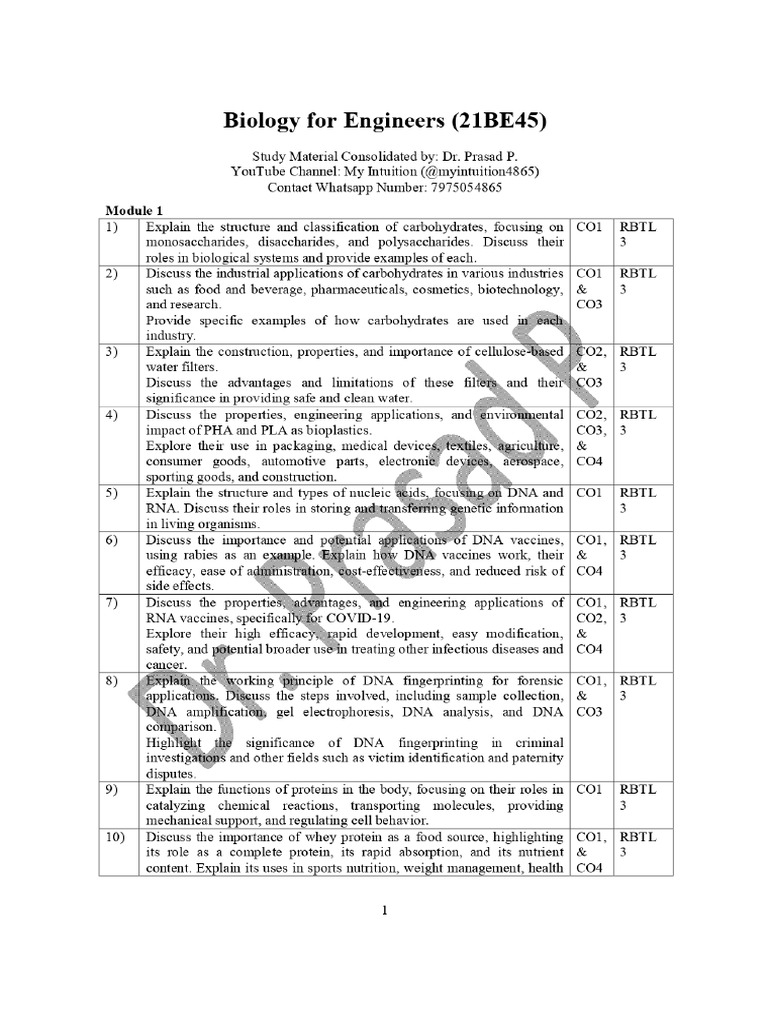 21BE45 Biology For Engineers Question Bank (DRP) | PDF