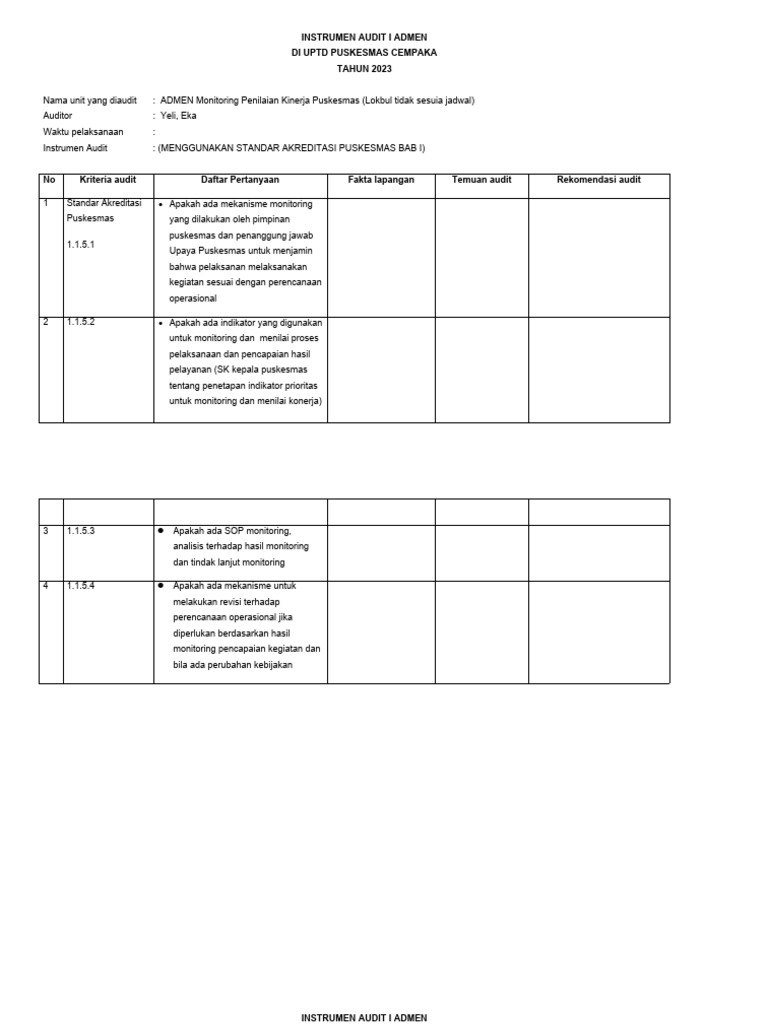 Format Instrumen Audit Admen | PDF