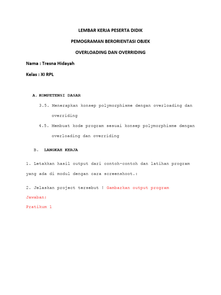 LEMBAR KERJA PESERTA DIDIK PBO Overloading Dan Overriding | PDF LEMBAR KERJA PESERTA DIDIK PBO Overloading Dan Overriding | PDF