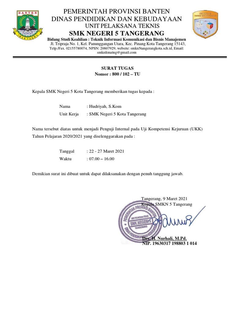 Surat tugas penguji UKK ukin | PDF