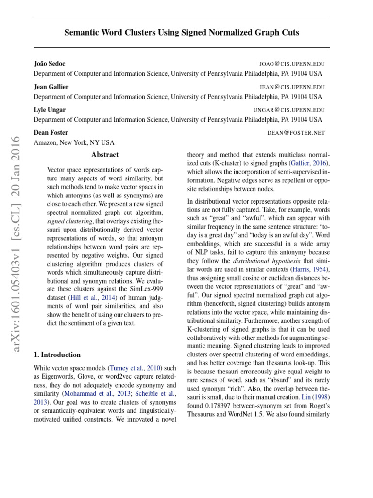 Semantic Word Clusters Using Signed Normalized Graph Cuts Pdf Eigenvalues And Eigenvectors