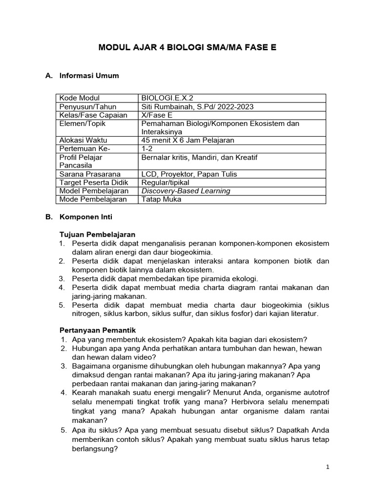 D. Modul Ajar Ipa Biologi Sma Kelas X Bab 4-Edit Irna | PDF