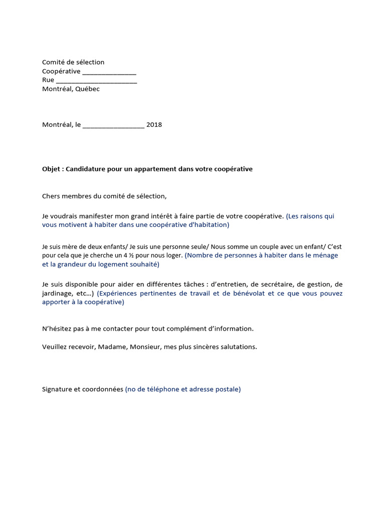 Modèle de Lettre Pour Demande d’Appartement Dans Une Coopérative d’Habitation | PDF