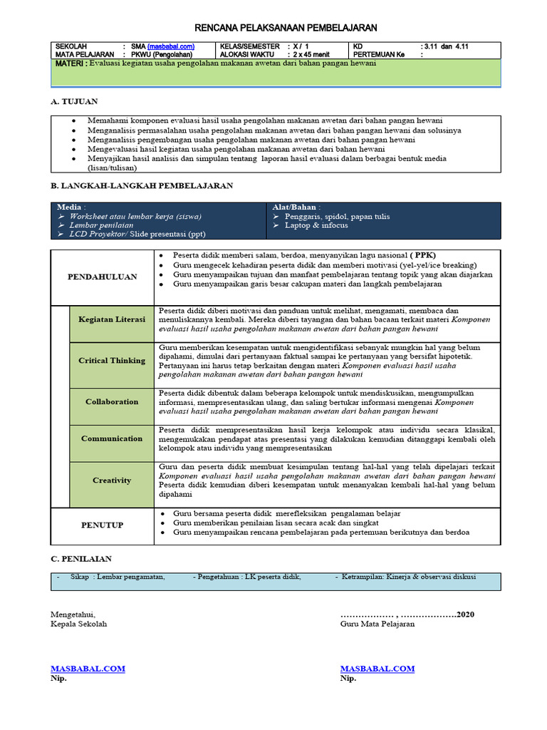 RPP 1 Lembar PKWU Pengolahan Kelas X KD 3.11 - 4.11 | PDF