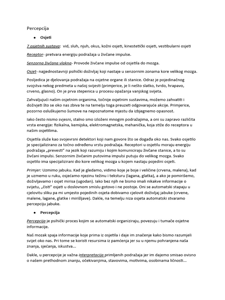 Psihologija - Osjeti I Percepcija | PDF