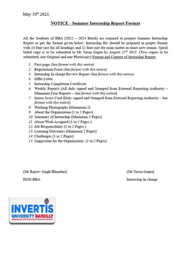 Summer Internship Report Guidelines | PDF
