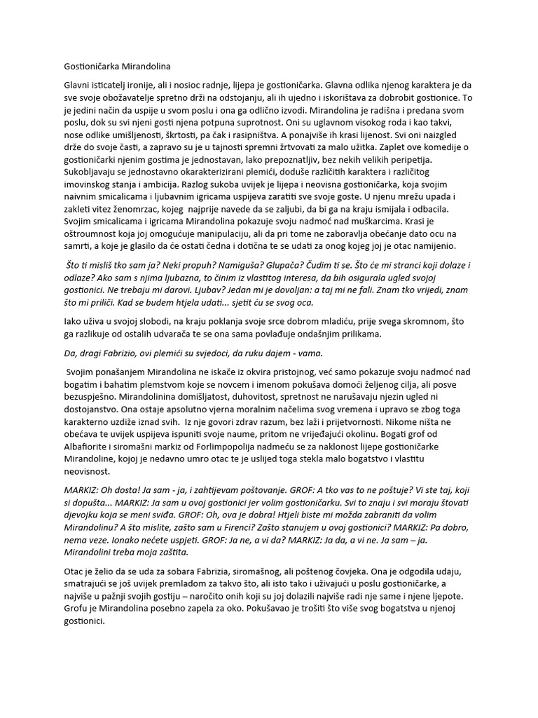 Hrvatski - Gostioničarka Mirandolina | PDF
