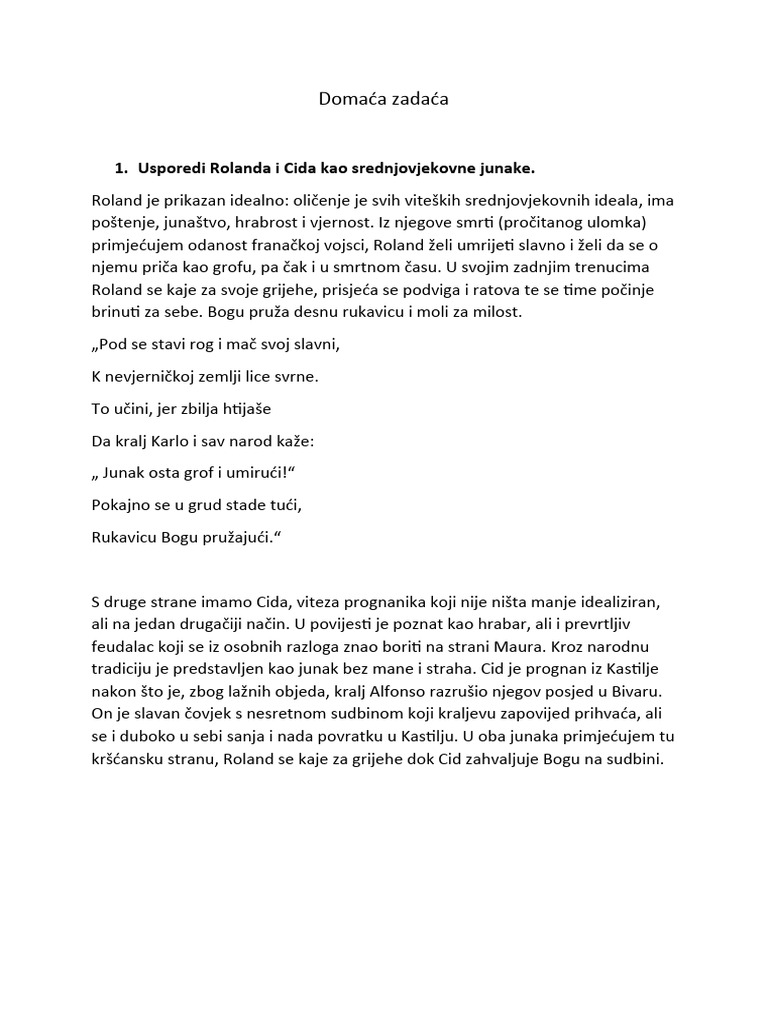 Pjesma o Rolandu I Cidu Zadaća | PDF