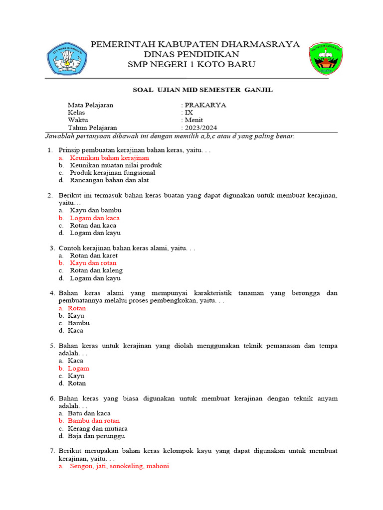 Soal Prakarya Mid KLS 9 SMS Ganjil 2023.2024 | PDF | Seni | Teknologi & Rekayasa