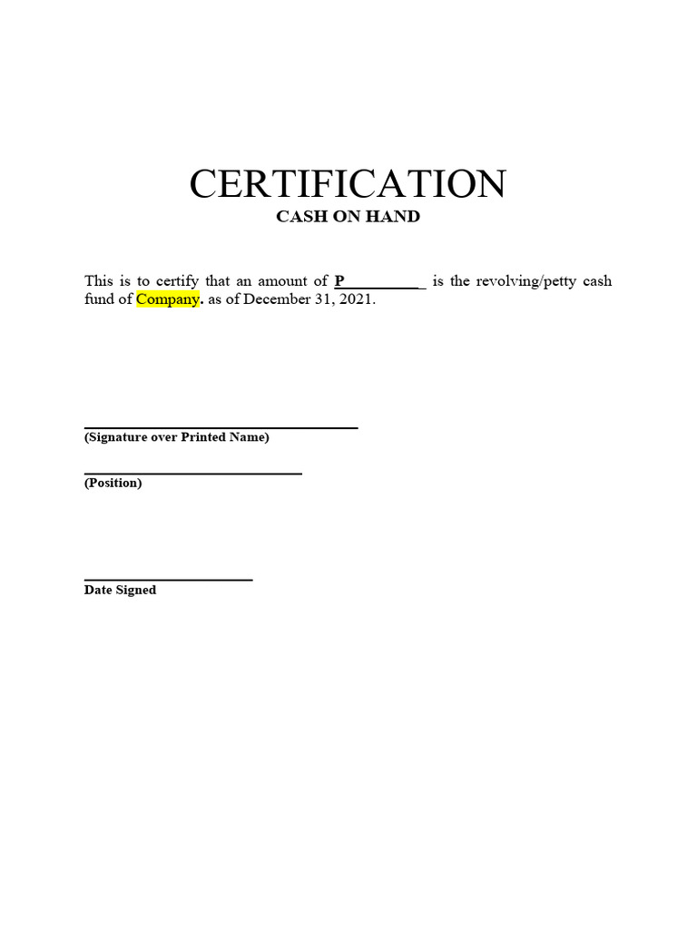Sample Petty Cash Certificate | PDF | Finance & Money Management