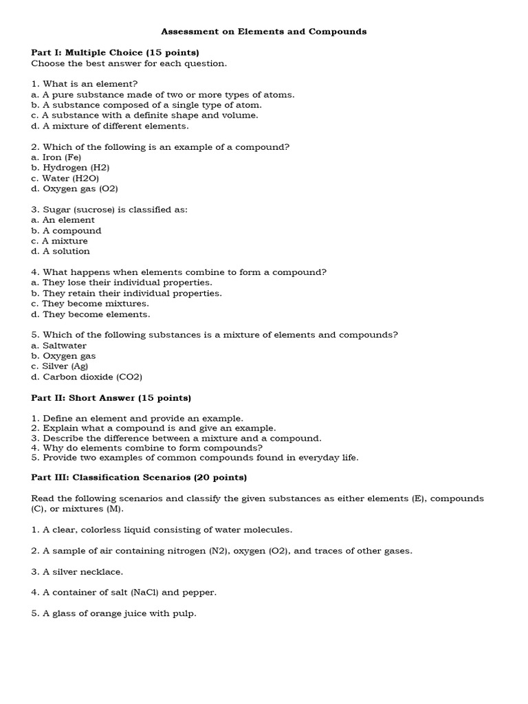 Assessment On Elements and Compounds | PDF