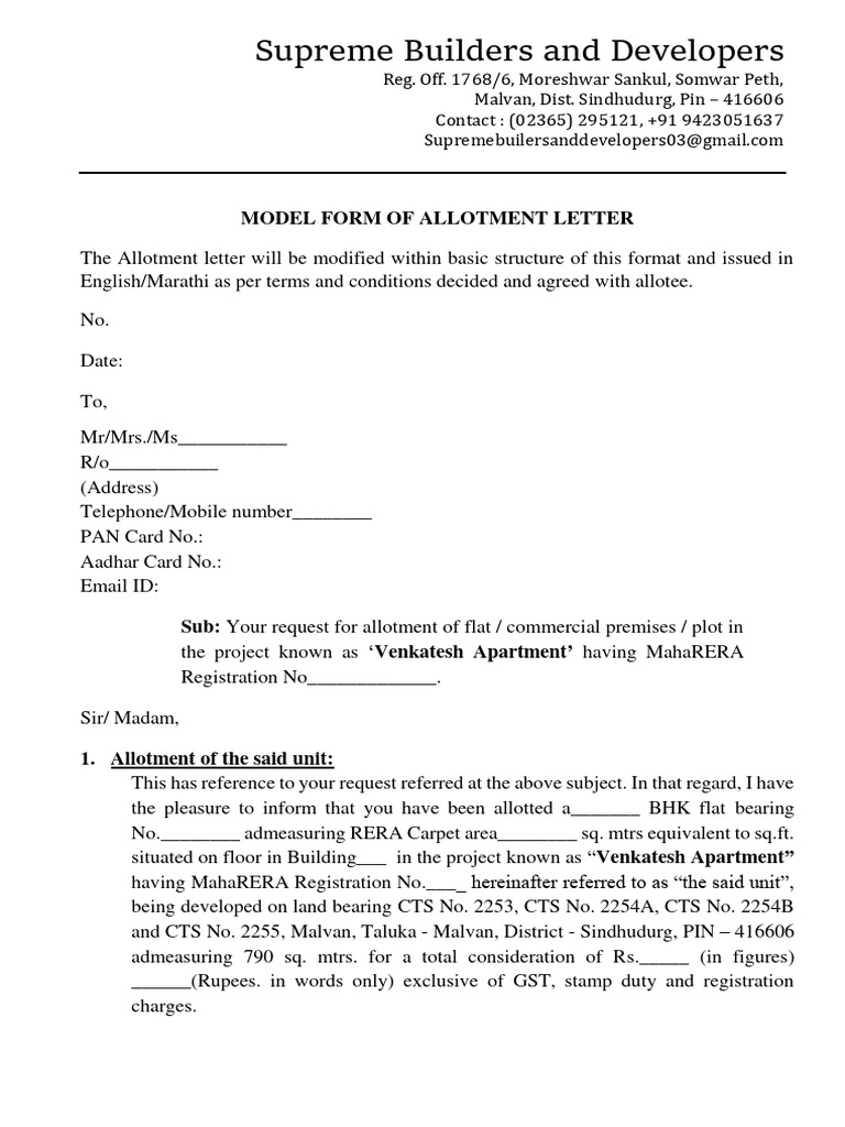 1 Proforma of Allotment Letter | PDF