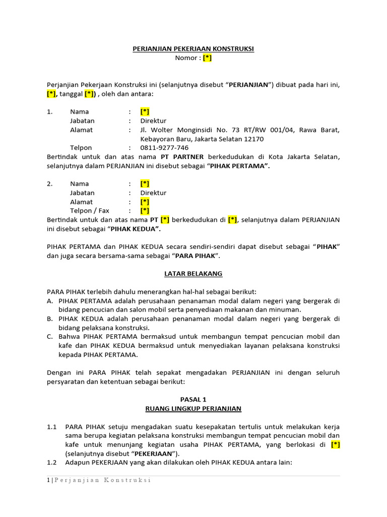 Draft Perjanjian Pekerjaan Konstruksi My Partner | PDF