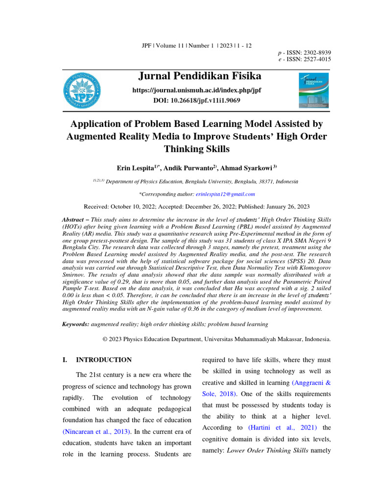 Application of Problem Based Learning Model Assisted by Augmented Reality Media To Improve ...