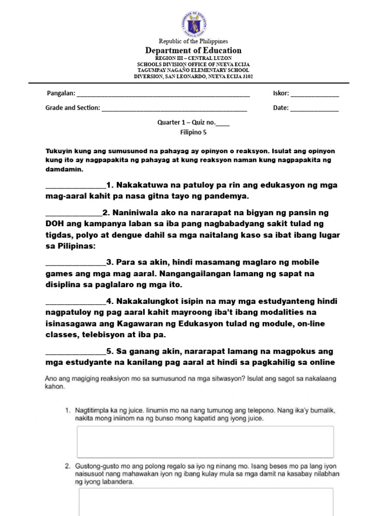Quiz in Filipino | PDF