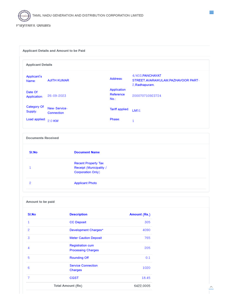 TANGEDCO - Application Portal | PDF | Receipt | Government