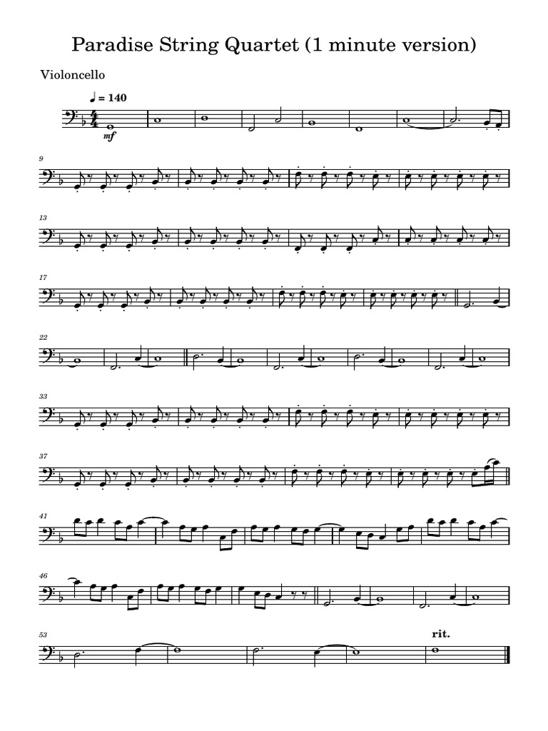 Paradise String Quartet (1 Minute Version) - Violoncello | PDF