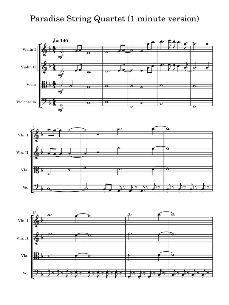 Paradise String Quartet (1 Minute Version) | PDF | Continuous Pitch Instruments | Baroque Music