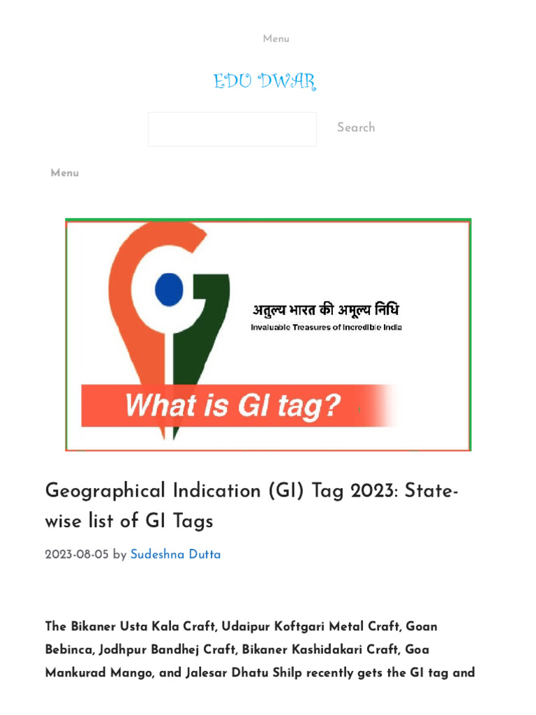 Geographical Indication (GI) Tag 2023 - State-Wise List of GI Tags - Edudwar | PDF