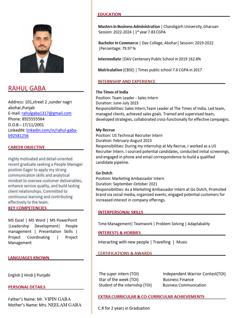 22mba10854 Rahul Gaba Resumee-3 | PDF | Career & Growth | Business