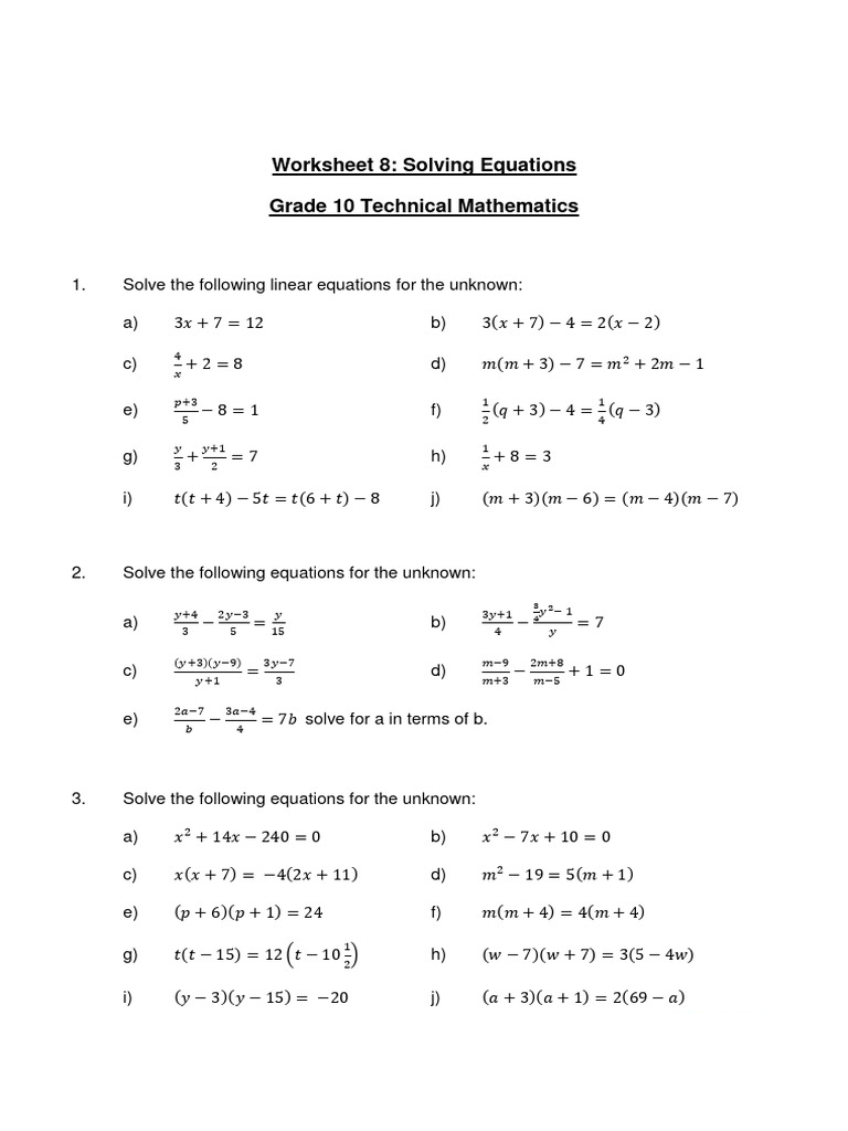Worksheet 8 Solving Equations Technical Maths Grade 10 | PDF ...