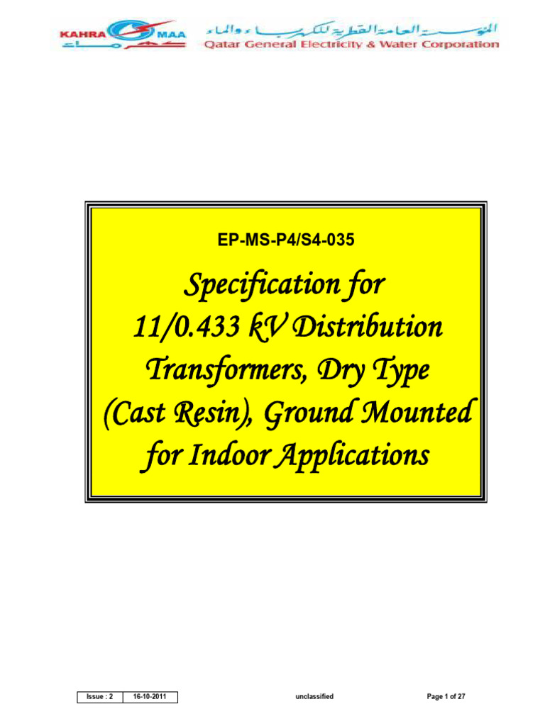 Kahramaa Transformer Specifications 2011 | PDF
