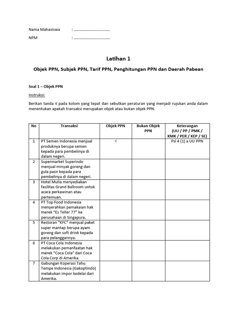 Latihan PPN 1 - Objek, Subjek, Mekanisme Penghitungan PPN Dan Daerah ...