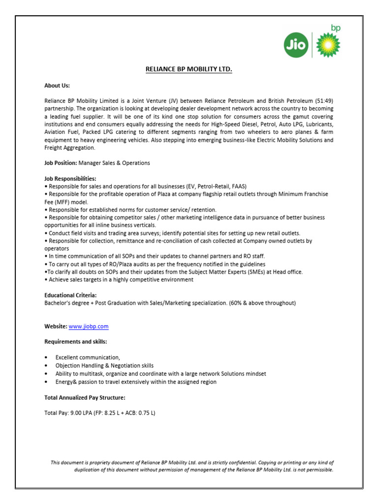 Job Description - Reliance BP Mobility Limited | PDF