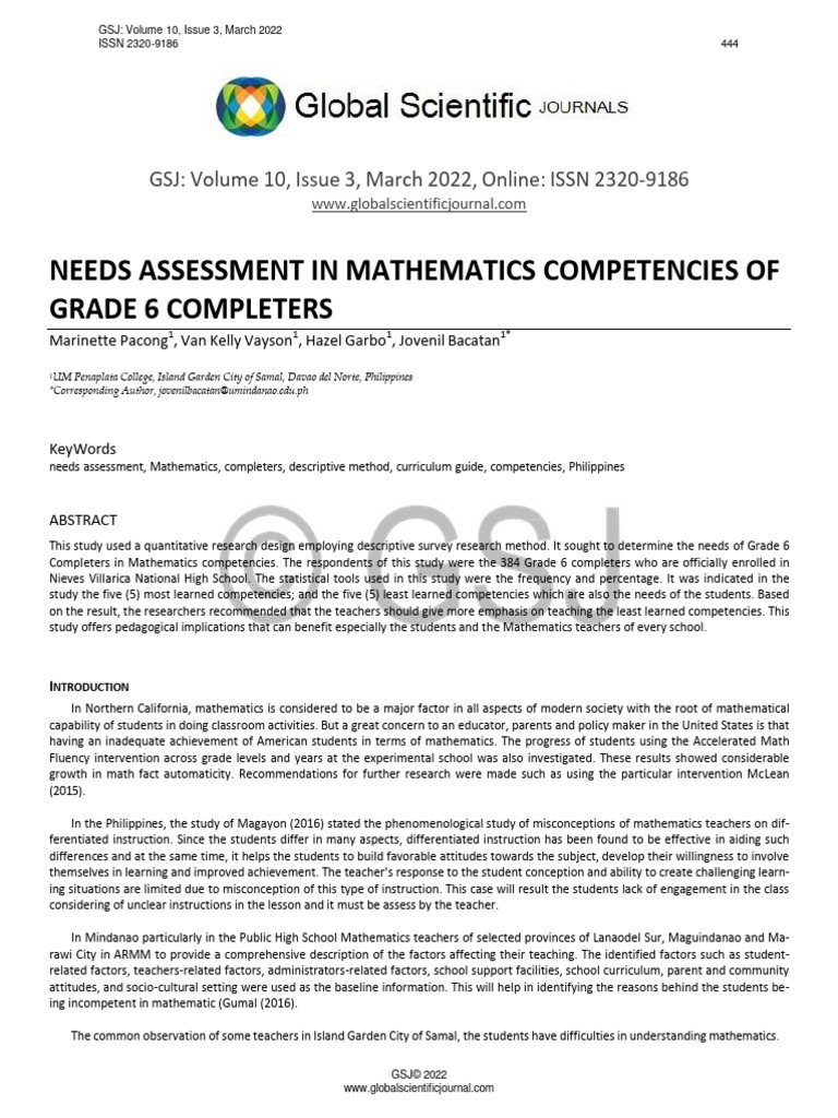 Needs Assessment in Grade 6 Math Skills | PDF | Arithmetic | Mathematics