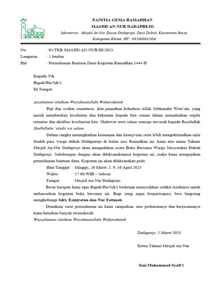 Permohonan Dana Kegiatan Ramadhan | PDF