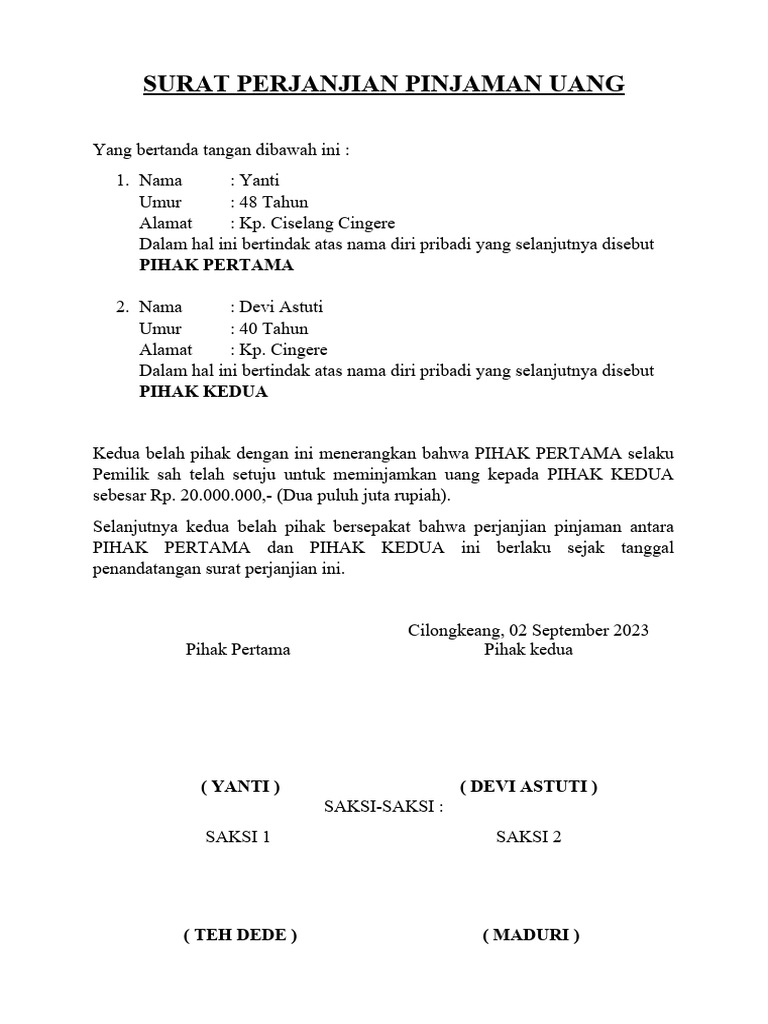 Surat Perjanjian Pinjaman Uang | PDF