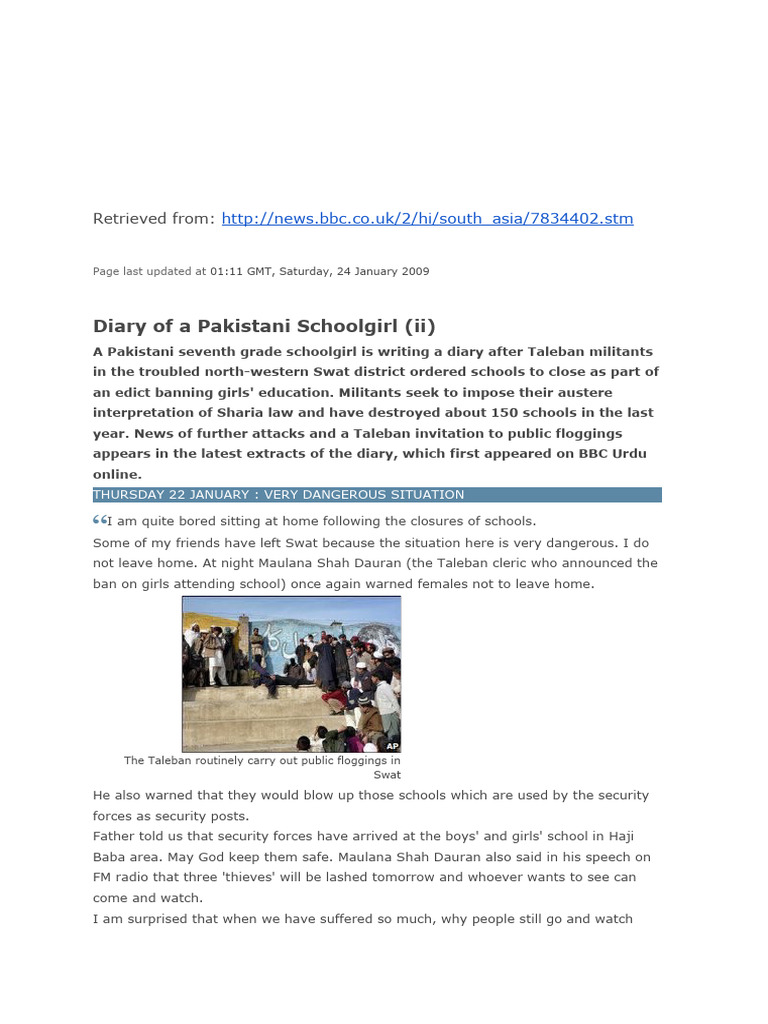 Malala Yousafzai BBC Diary Entries | PDF | Taliban | Malala Yousafzai