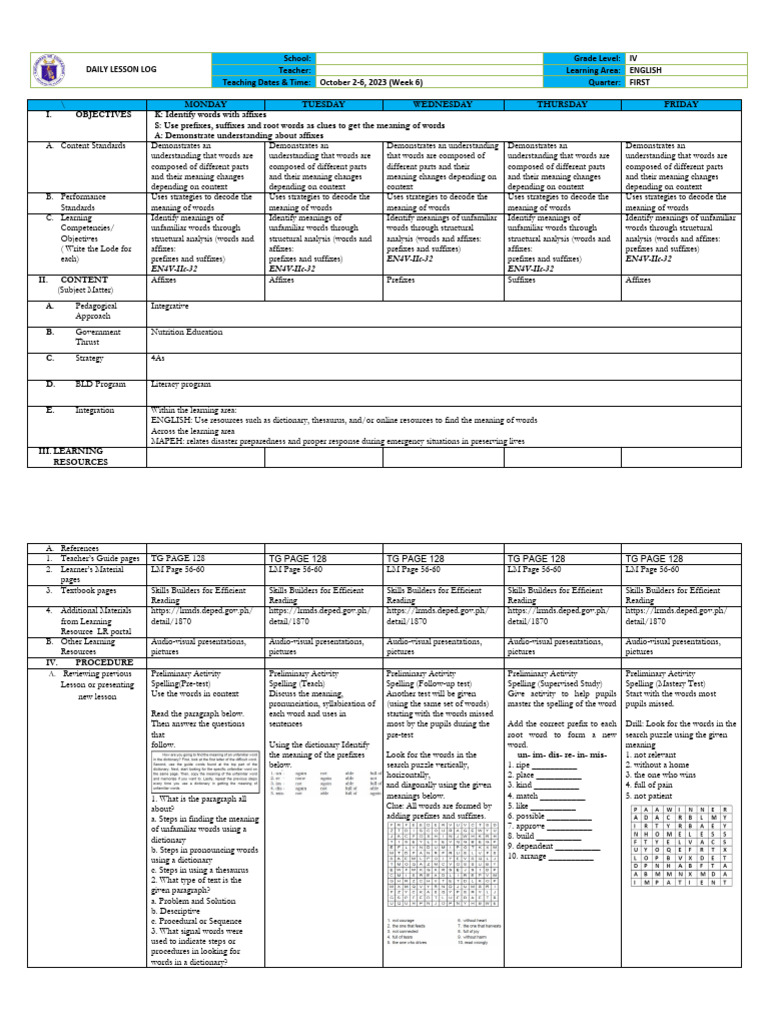 DLL - ENGLISH 4 - Q1 - W6 - v2 | PDF | Word | Lexicology