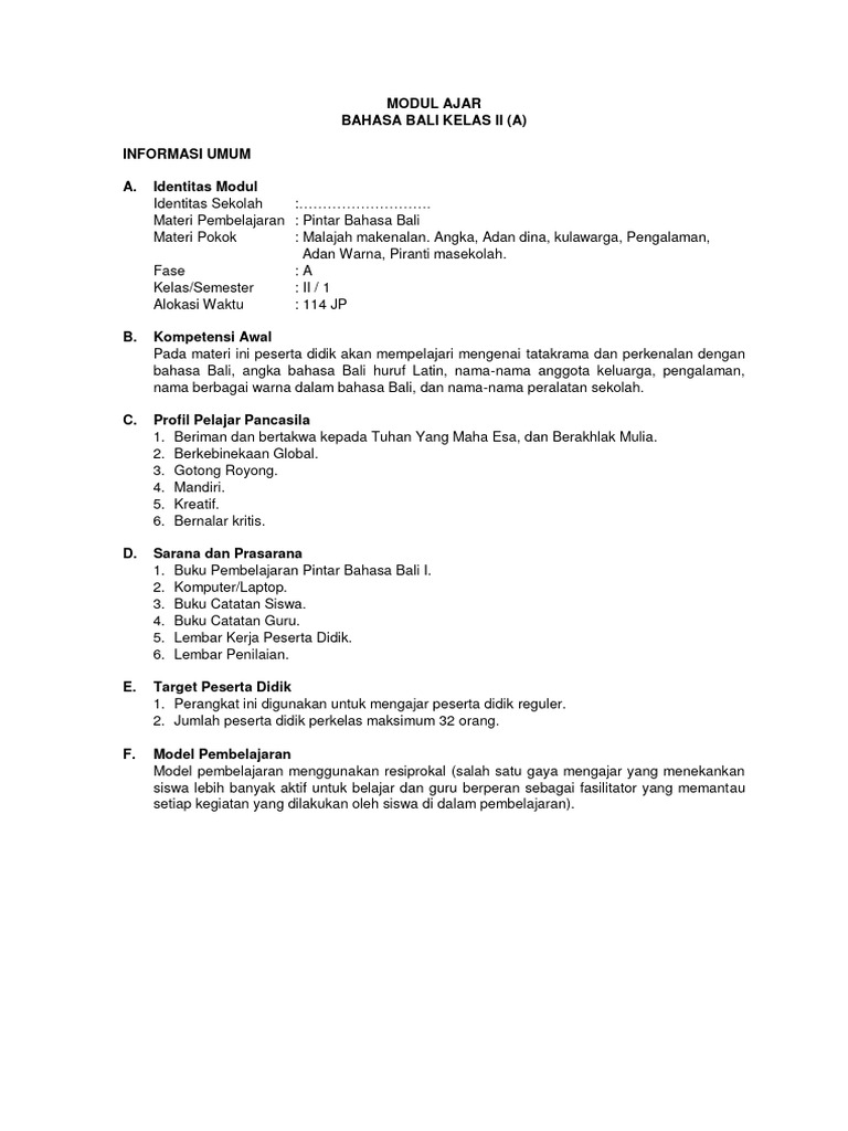 Modul Ajar Bahasa Bali SD Kls. 2A | PDF