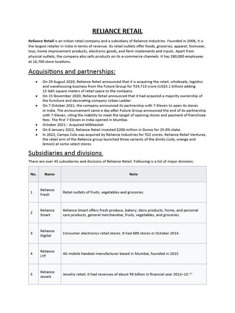 RELIANCE RETAIL | PDF | Retailing | Marketing