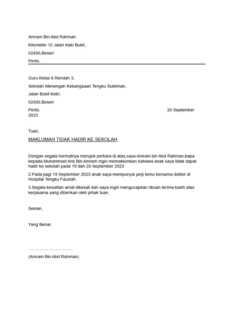 Surat Rasmi Tidak Hadir Ke Sekolah | PDF