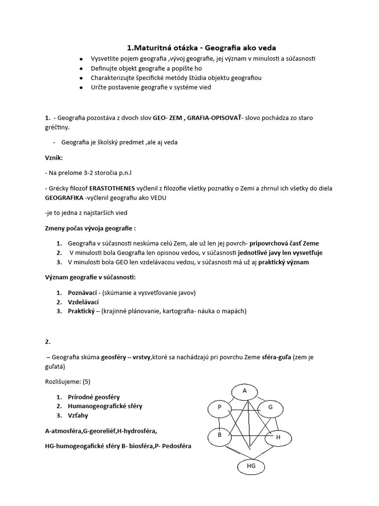 1.maturitná Otázka - Geografia Ako Veda | PDF