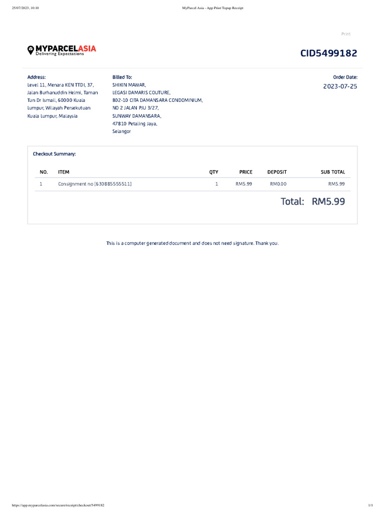 MyParcel Asia - App Print Topup Receipt | PDF
