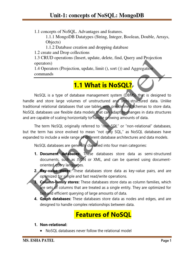 UNIT 1 MongoDB Fully Complete | PDF | No Sql | Data Type