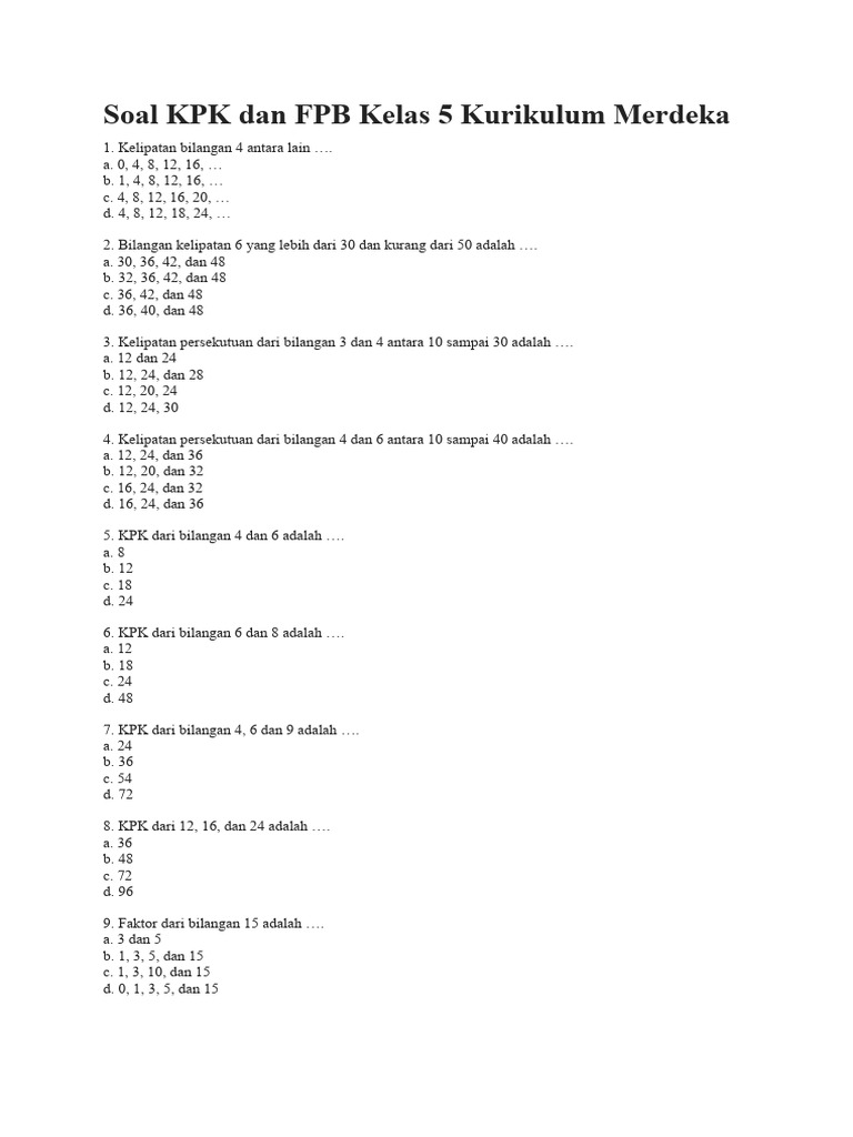 Soal KPK Dan FPB Kelas 5 Kurikulum Merdeka | PDF